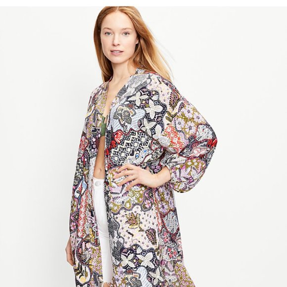 LOFT | Tops | Loft Mosaic Floral Ruched Sleeve Duster Ml | Poshmark
